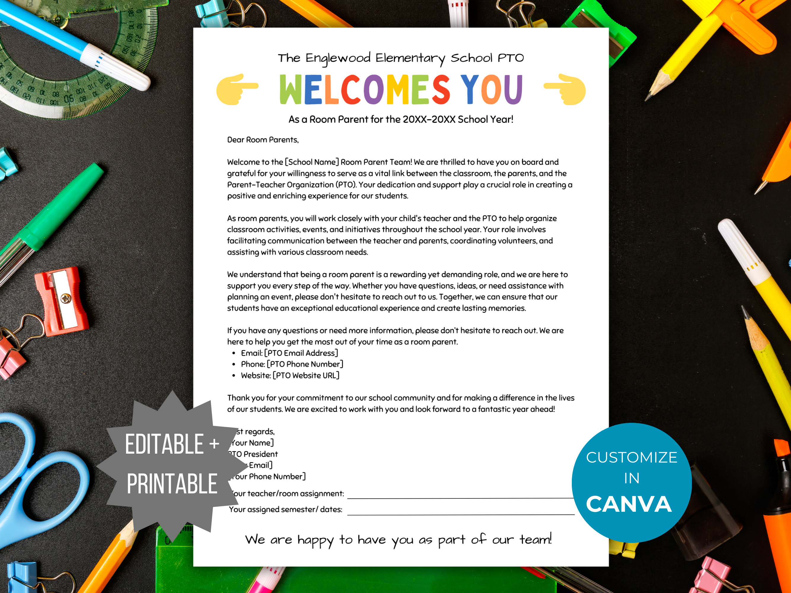 Editable PTA Room Parent Welcome Letter Template PTO Room Parent ...