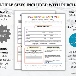 Editable PTO Room Parent Form Template PTA Room Parent Volunteer Sign ...