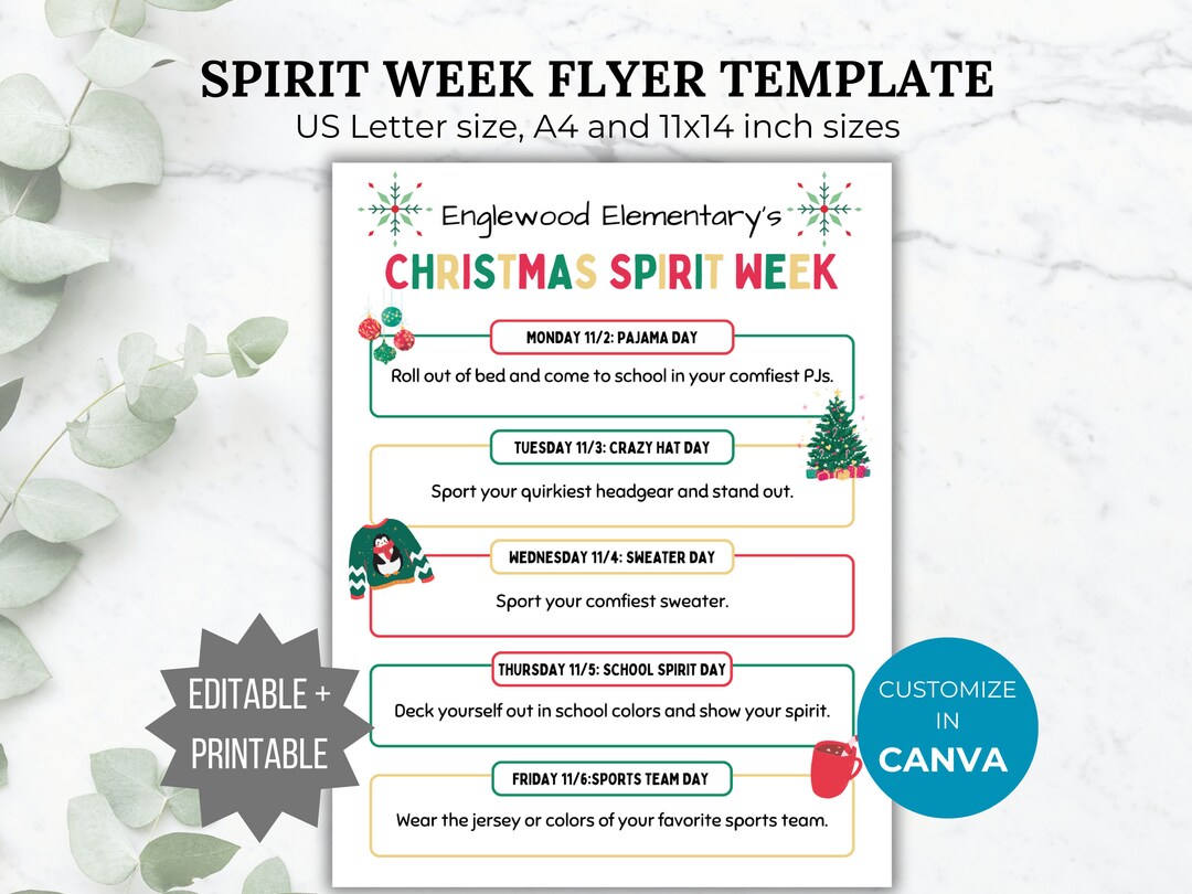 Christmas Spirit Week Flyer Printable School Spirit Flyer Editable Pto ...
