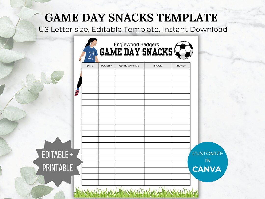 Soccer Game Snacks Schedule Template Soccer Snack Sign up Sheet Game ...