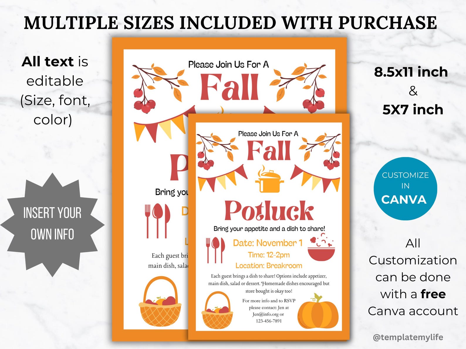 Fall Potluck Invitation Template Dinner Party Invite Flyer Autumn ...