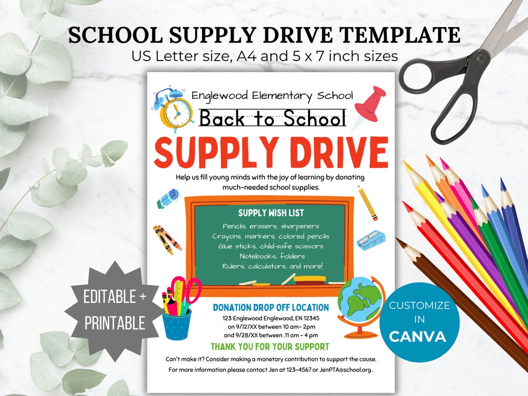Editable School Supply Drive Flyer Template School Fundraiser Handout ...