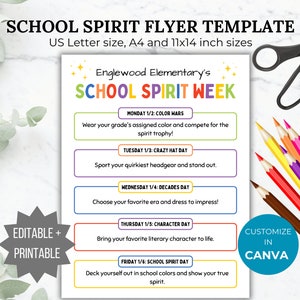 PTA School Spirit Week Flyer Printable PTO School Spirit Flyer Editable ...