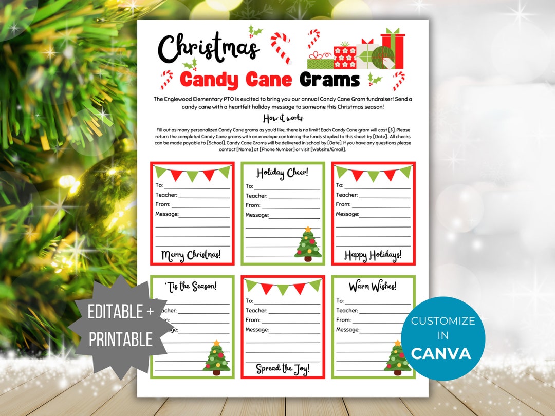 Christmas Candy Cane Gram Flyer PTO Template Holiday Candy Gram ...