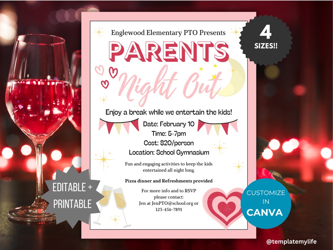 Valentines Parents Night Out Flyer Template PTO School Fundraiser PTA ...