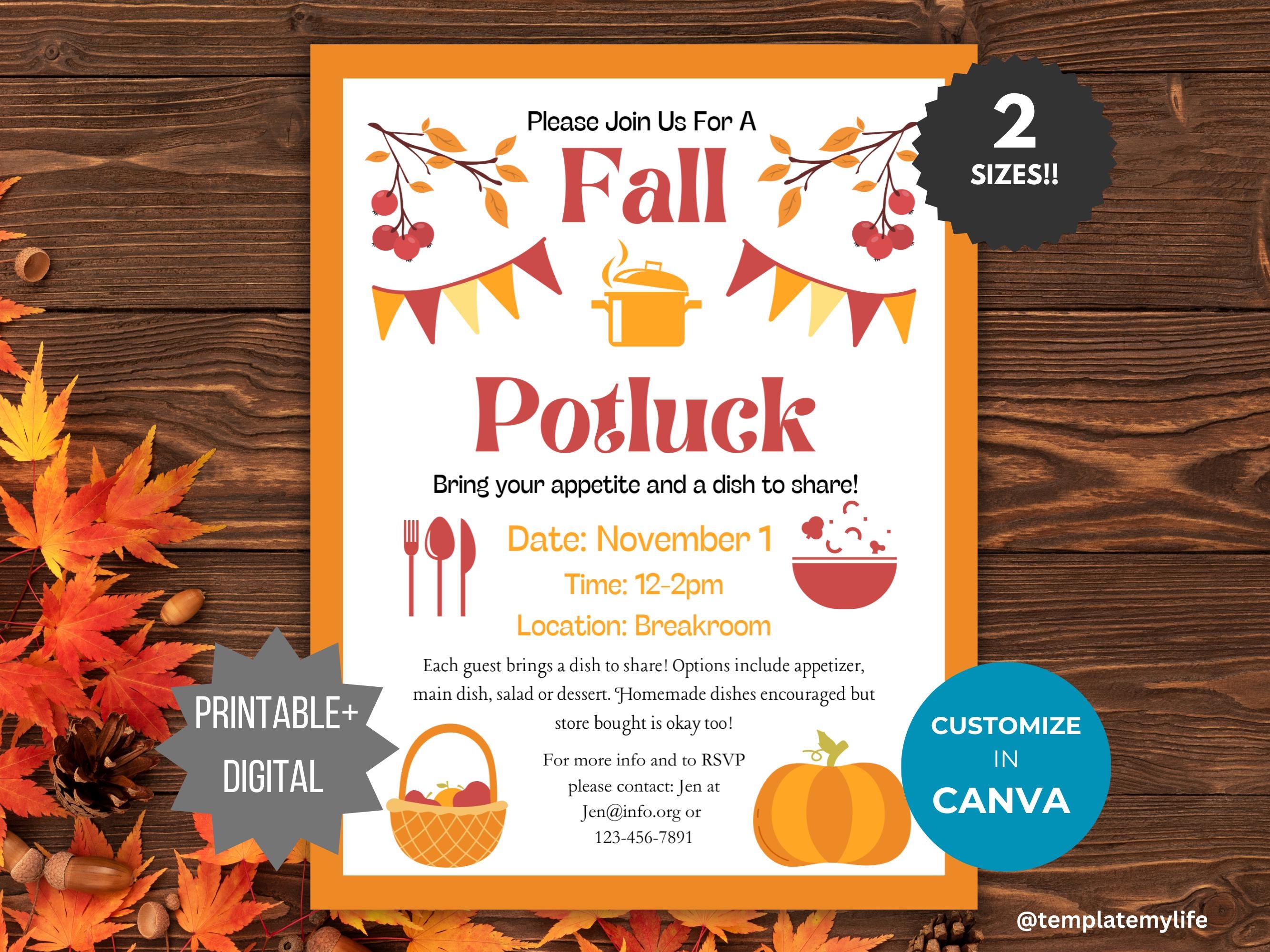 Fall Potluck Invitation Template Dinner Party Invite Flyer Autumn ...