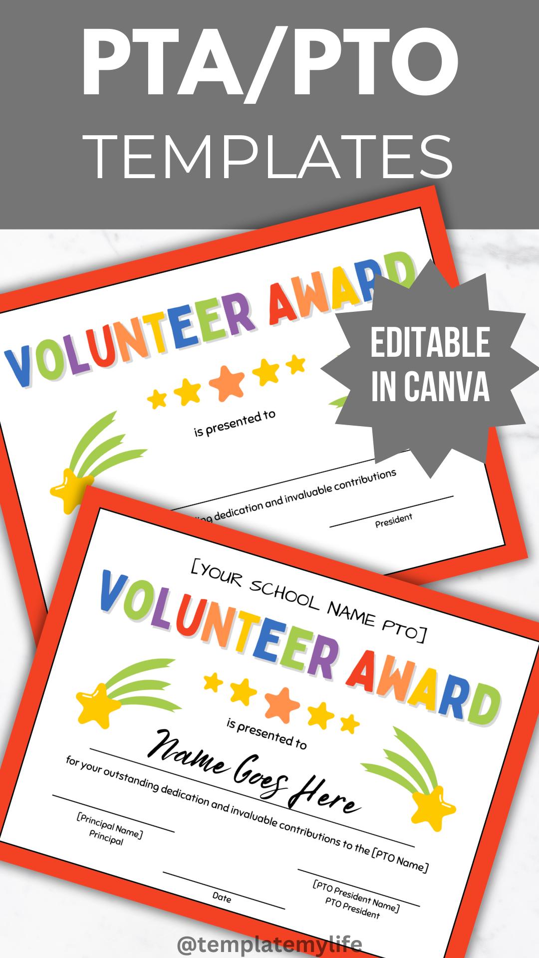 Editable PTA Award Certificate Template PTO Volunteer Appreciation Gift ...