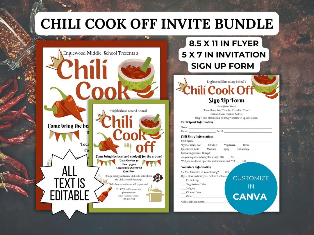 Chili Cook off Flyer Invitation Sign up Form PTO Template Bundle Fall ...