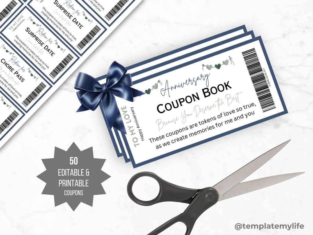 Coupon Book for Him Anniversary Printable Gift Editable Love Coupons ...