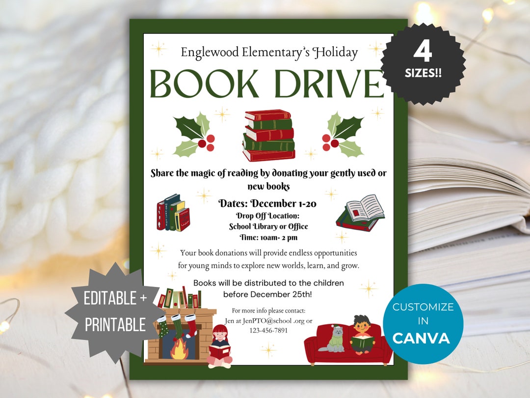 Christmas Book Drive Poster Template Library Book Flyer Editable Book ...