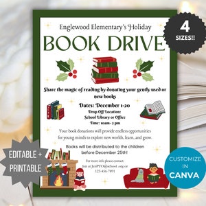 Christmas Book Drive Poster Template Library Book Flyer Editable Book ...