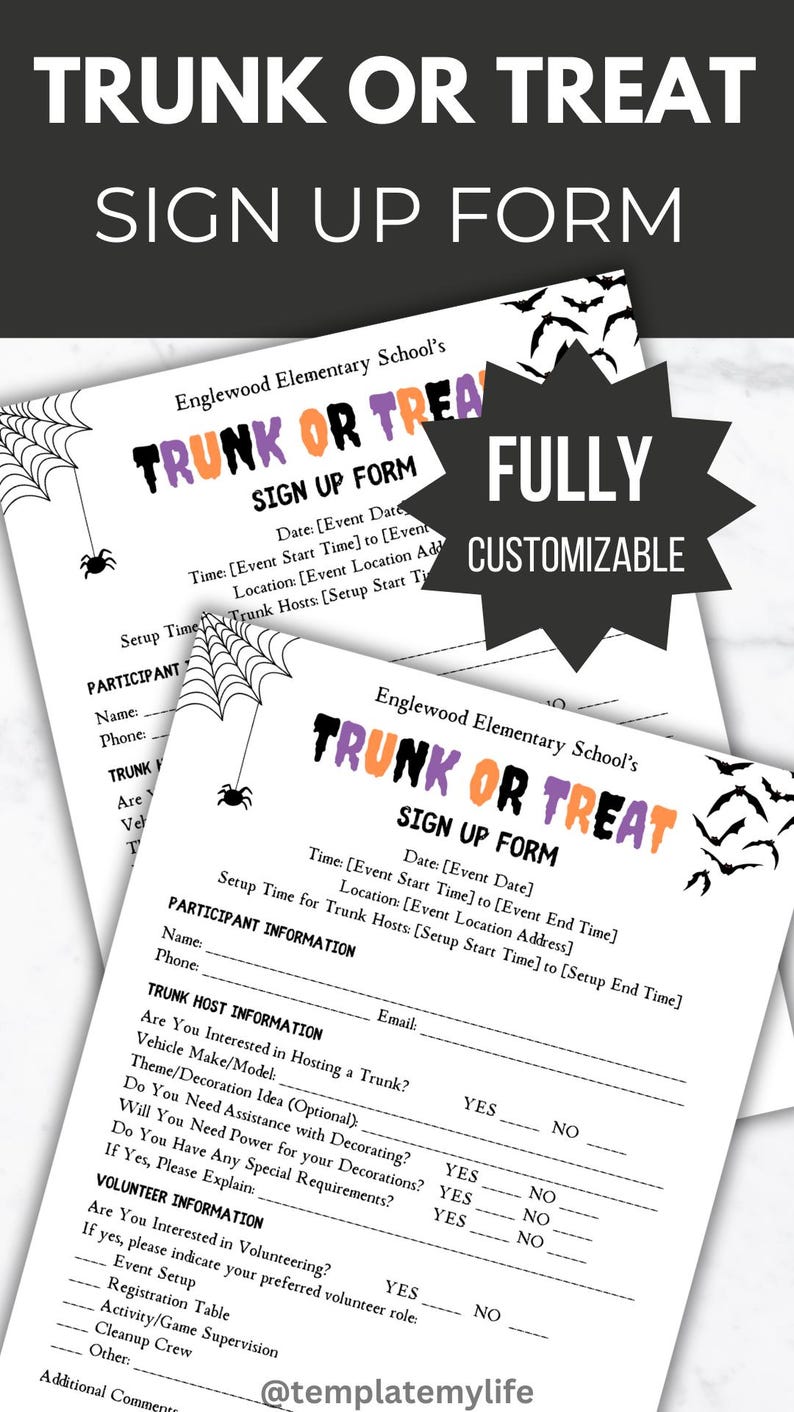 Trunk or Treat Flyer Invitation Sign up Form PTO Template Volunteer ...