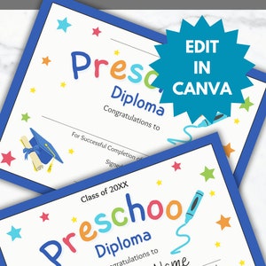 Preschool Diploma Editable Graduation Certificate Template Elementary ...