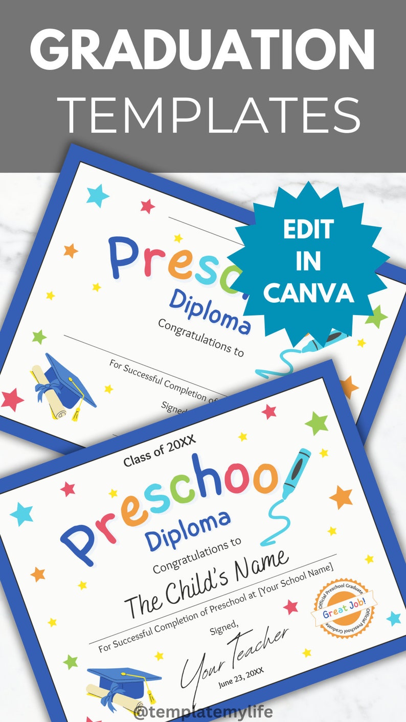 Preschool Diploma Editable Graduation Certificate Template Elementary ...
