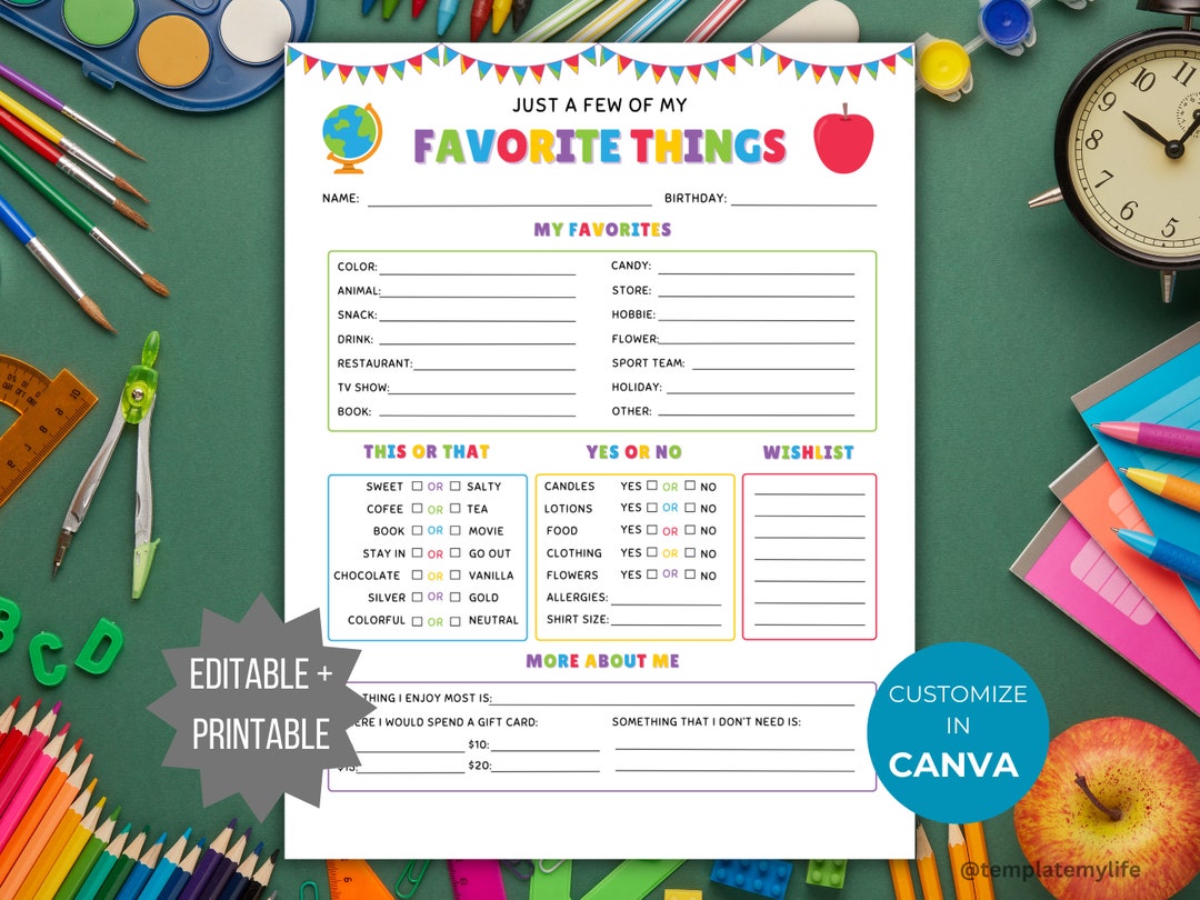 Teacher Favorites List Printable Teacher Survey Back to School Teacher ...