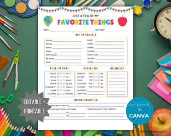 Teacher Favorite Things Questionnaire Back to School Teacher Survey ...