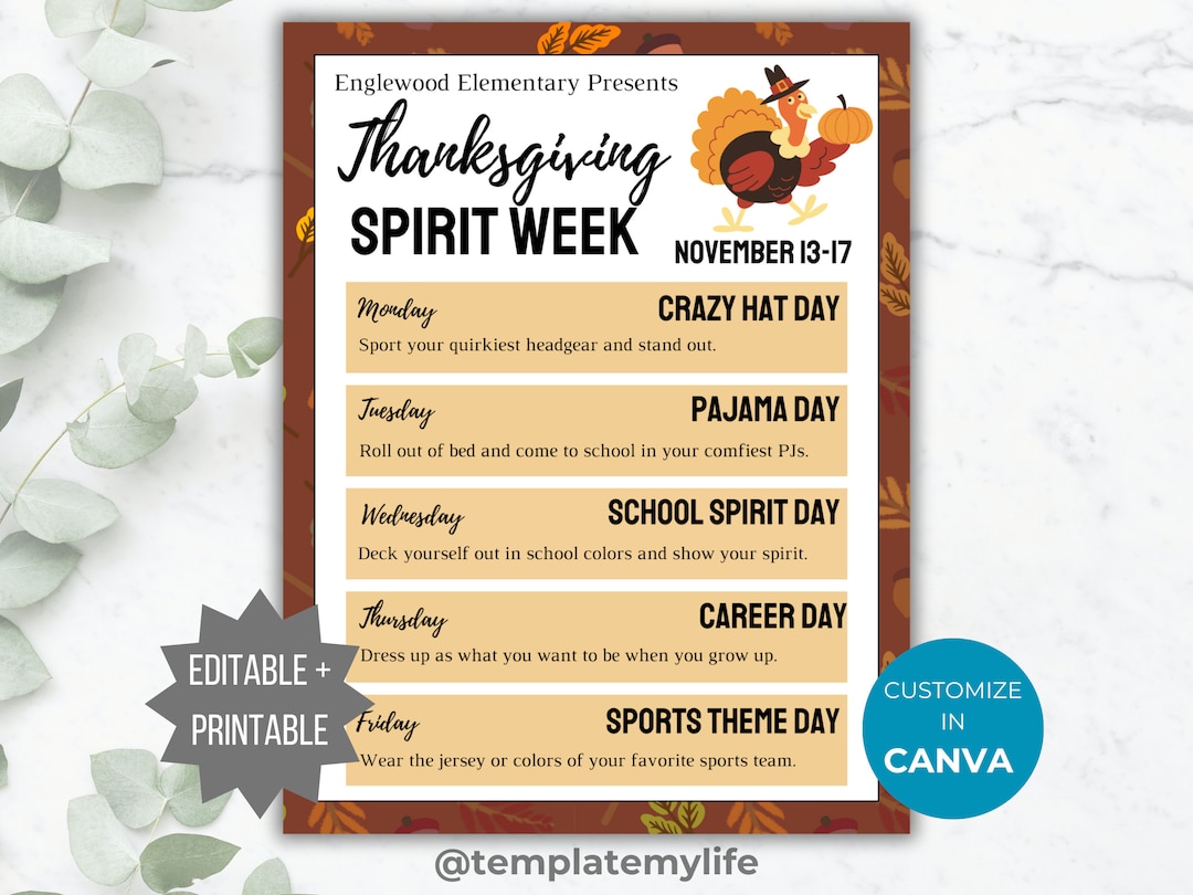 Thanksgiving Spirit Week Flyer Printable Office Spirit Flyer Template ...