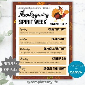 Thanksgiving Spirit Week Flyer Printable Office Spirit Flyer Template ...