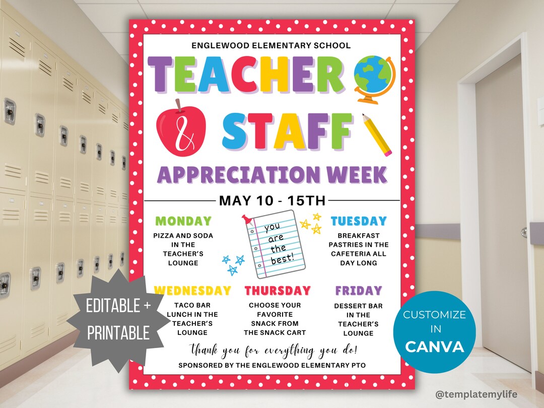 Teacher and Staff Appreciation Week Template PTO School Event Teacher ...