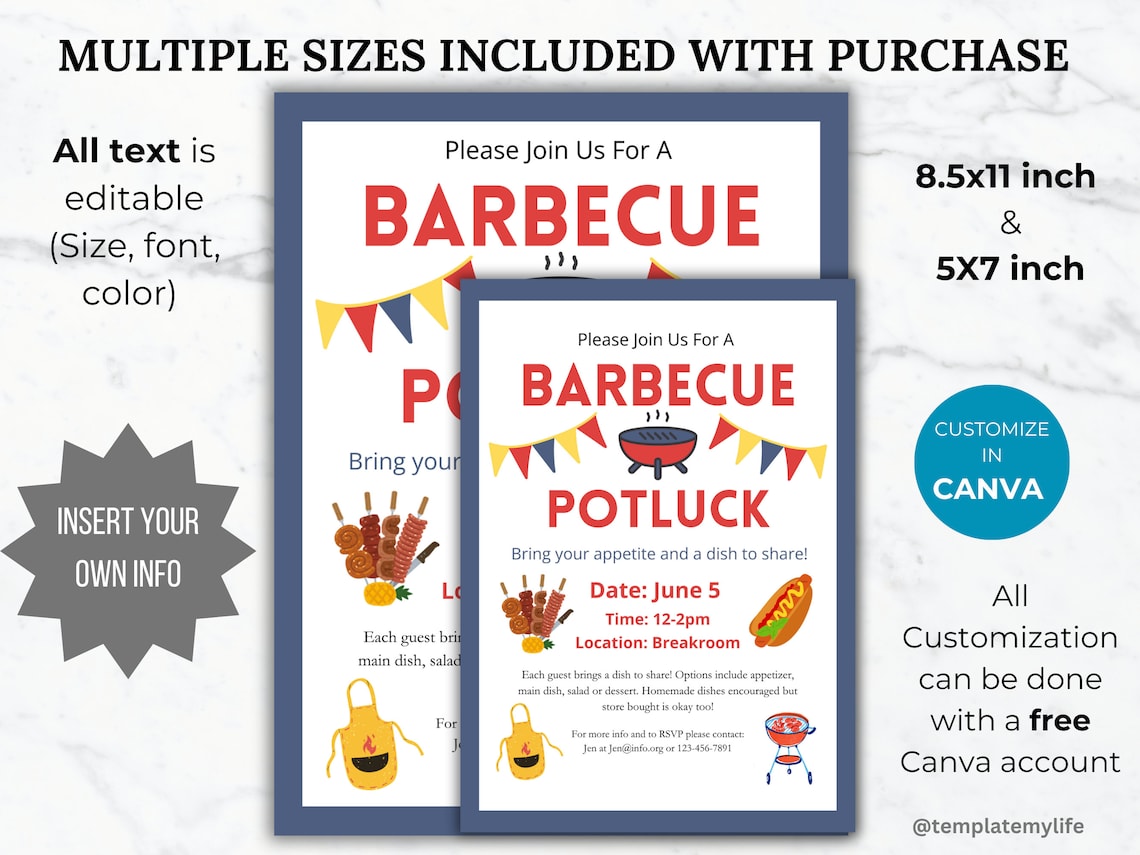 Barbecue Potluck Invitation Template Summer BBQ Potluck Invite Flyer ...