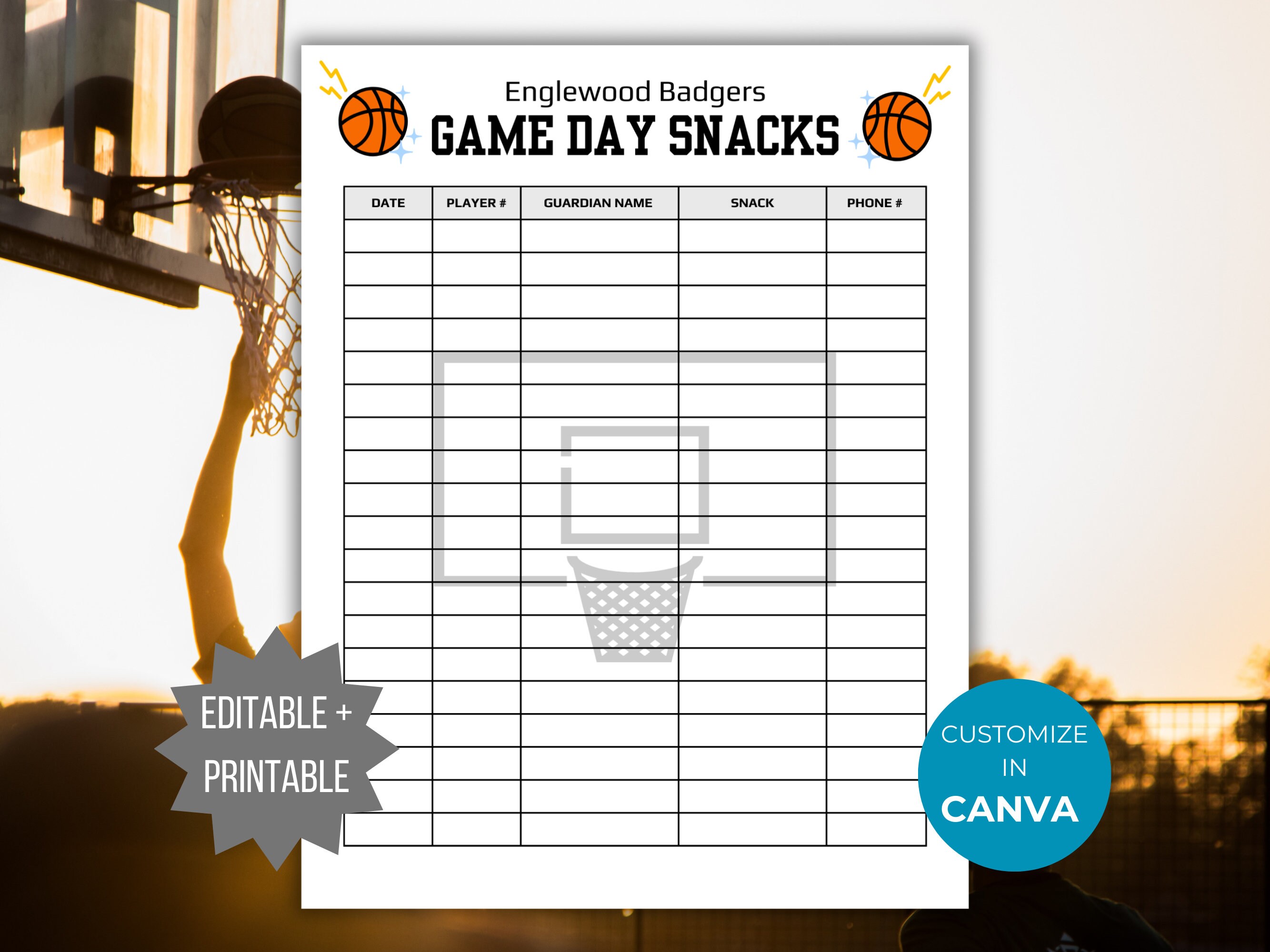 Basketball Game Snack Schedule Template Basketball Snack Sign up Sheet Basketball Coach Game Day ...