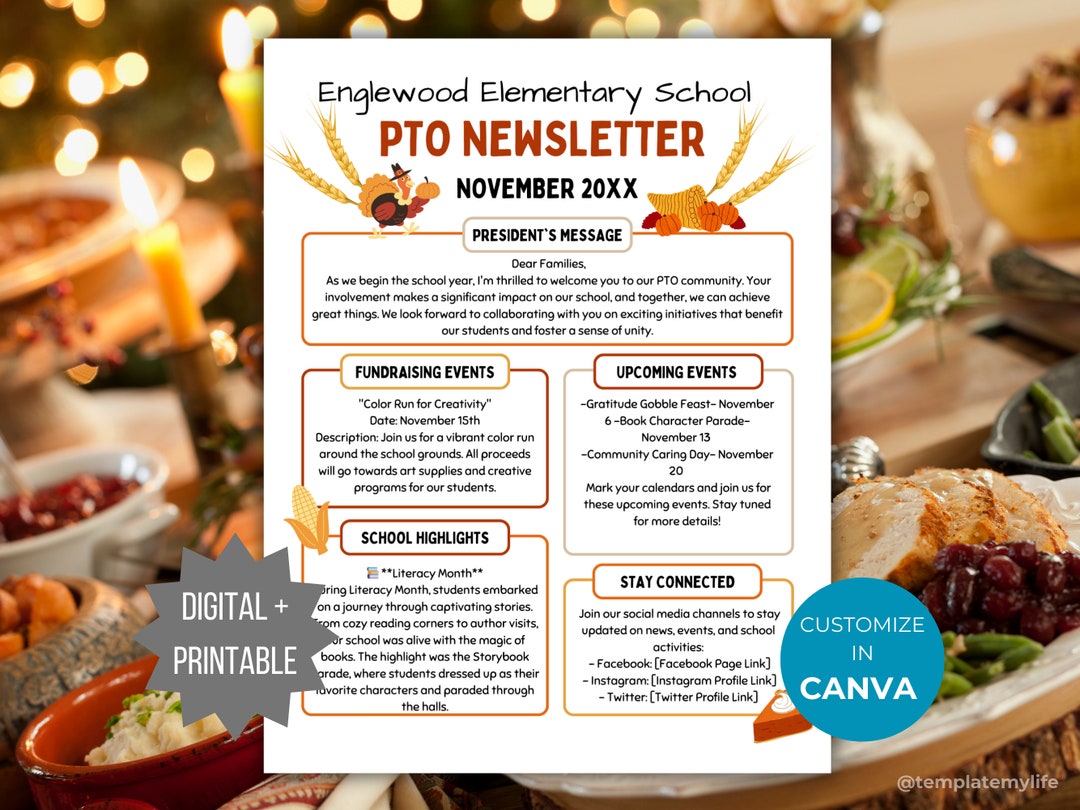PTA Thanksgiving Newsletter Flyer Printable PTO School Newsletter ...