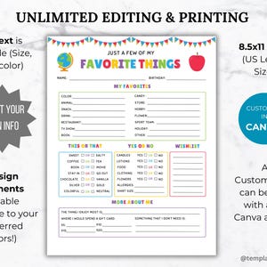 Teacher Favorites List Printable Teacher Survey Back to School Teacher ...