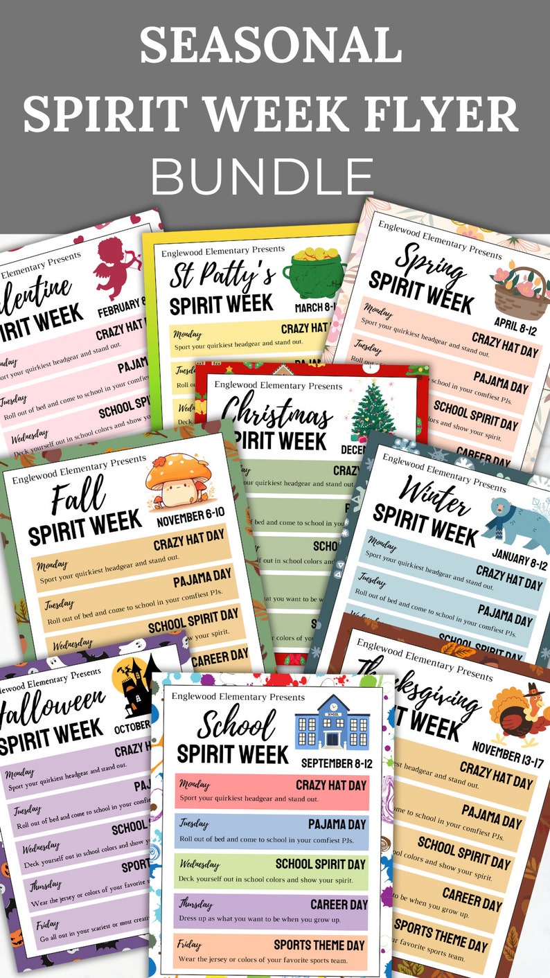 Seasonal Spirit Week Flyer Editable Template Bundle Pta Spirit Week ...