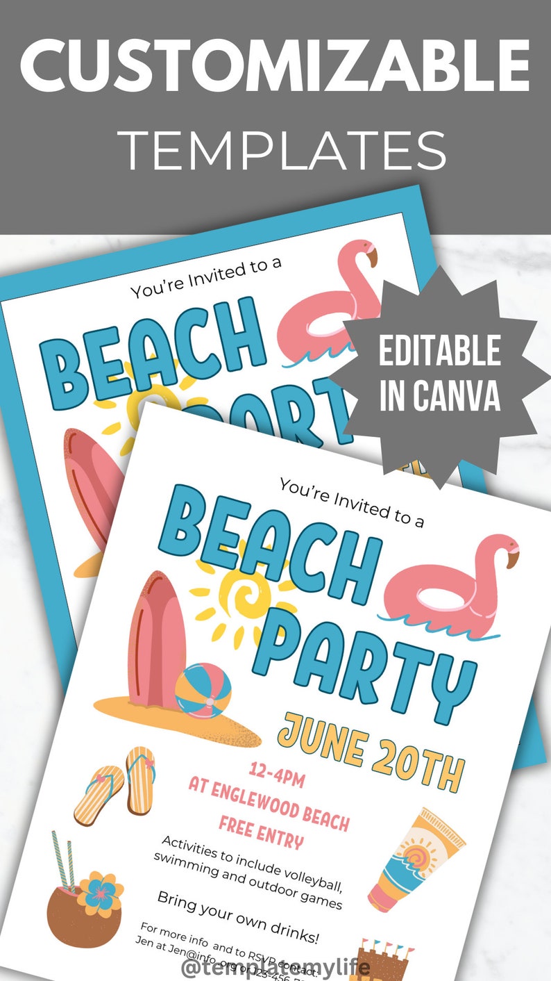 Beach Party Template Editable Summertime Fundraiser Flyer Community ...
