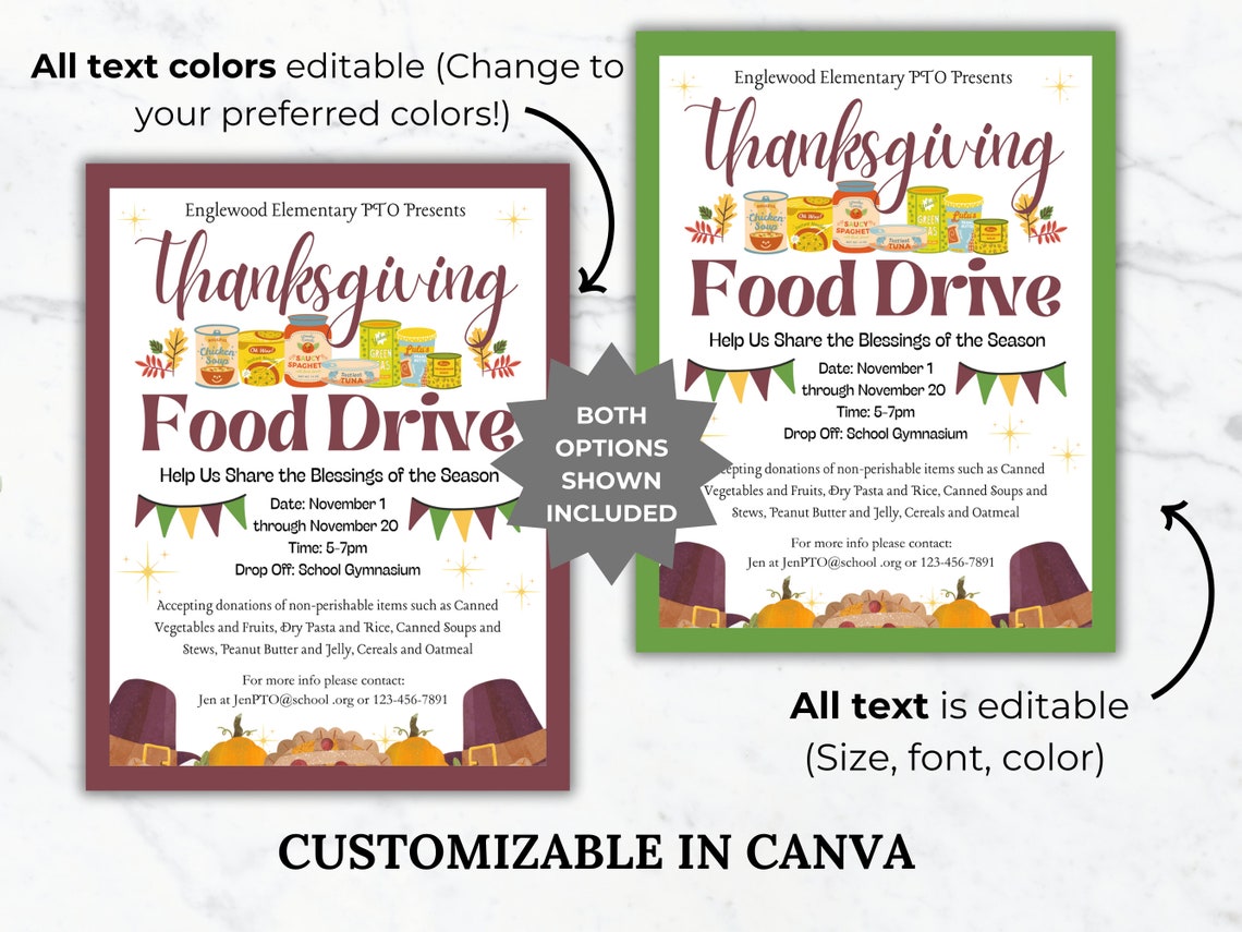 Thanksgiving Food Drive Flyer Template PTO Charity Flyer Editable ...
