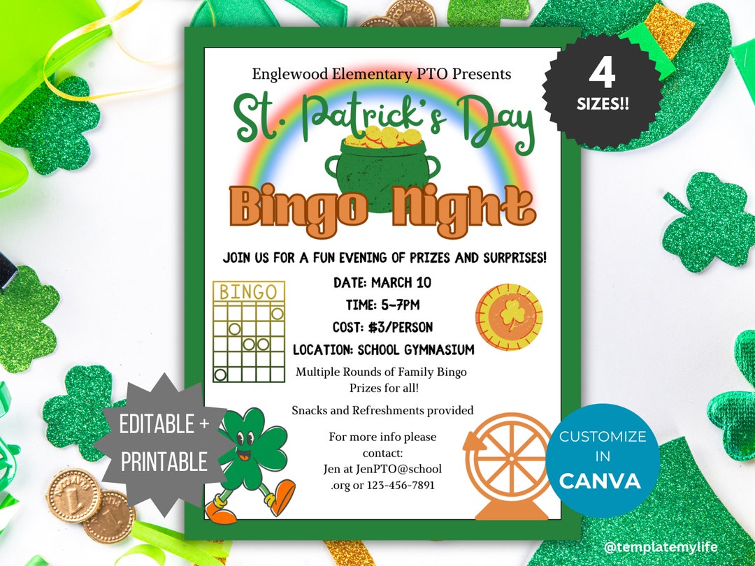 St Patrick Bingo Night Flyer PTO Template School Fundraiser Flyer Event ...