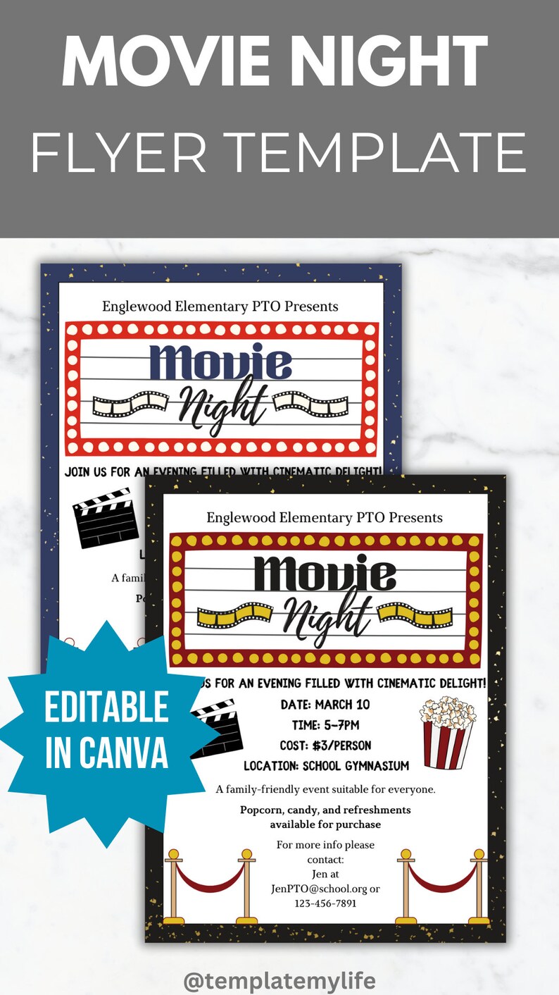 Movie Night Invitation PTO Template School Fundraiser PTA Flyer Family ...