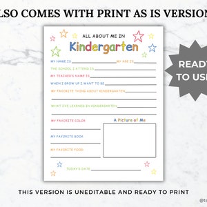 All About Me Kindergarten Keepsake Printable Worksheet Kid ...