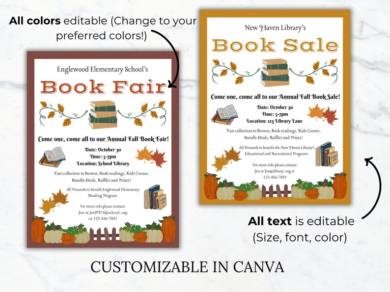 Fall Book Fair Flyer Template Book Sale Flyer Editable Fall - Etsy