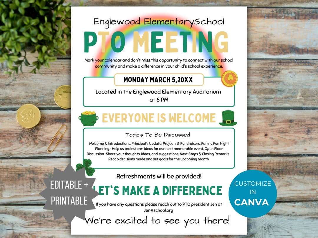 St Patricks Day PTA Meeting Flyer Printable March Church Flyer Template ...