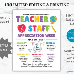 Editable Teacher Appreciation Week Flyer PTO PTA Template School Staff ...