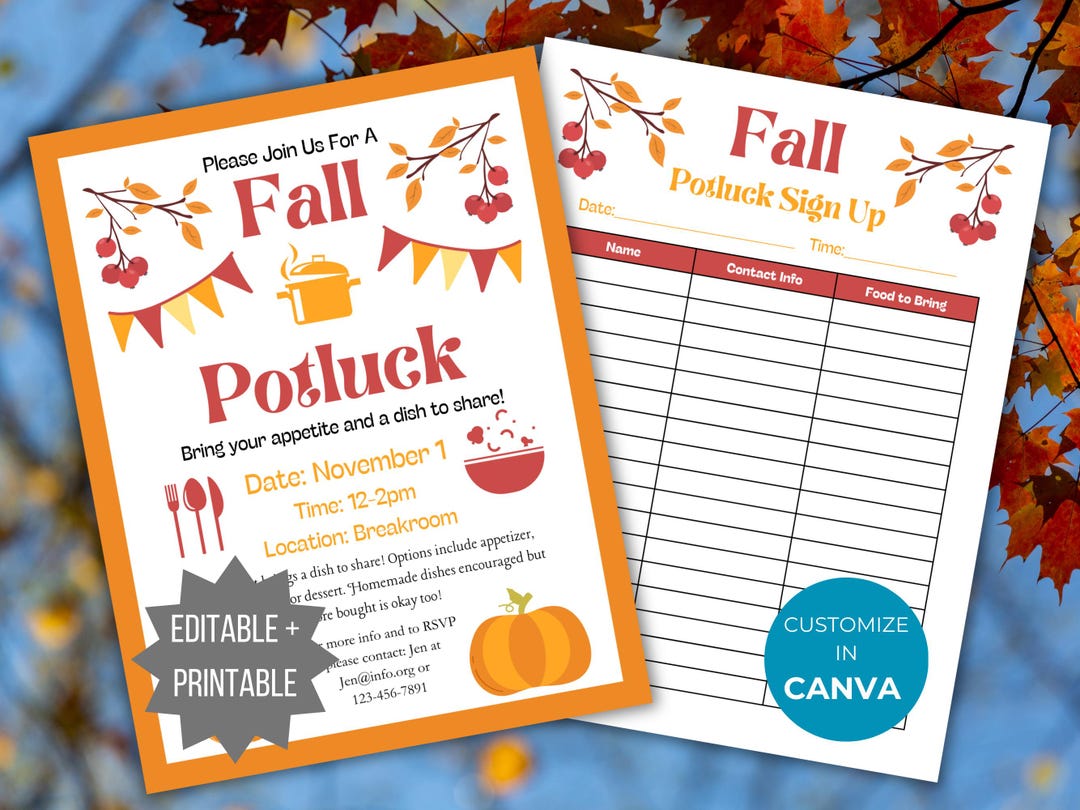 Fall Potluck Invite Template Autumn Potluck Sign up Sheet Thanksgiving ...