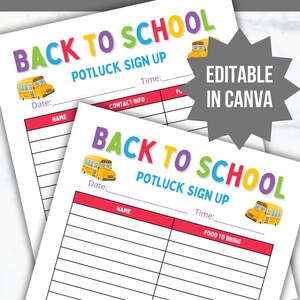 Back to School Potluck Sign up Sheet Template Editable Potluck Sign up ...