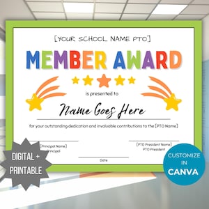 PTO PTA Member Award Certificate Template Member Appreciation Gift ...
