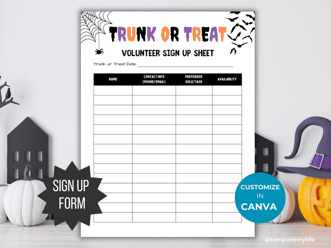 Trunk or Treat Flyer Template PTO Volunteer Sign up Sheet Halloween ...