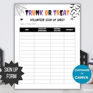 Trunk or Treat Flyer Template PTO Volunteer Sign up Sheet Halloween ...