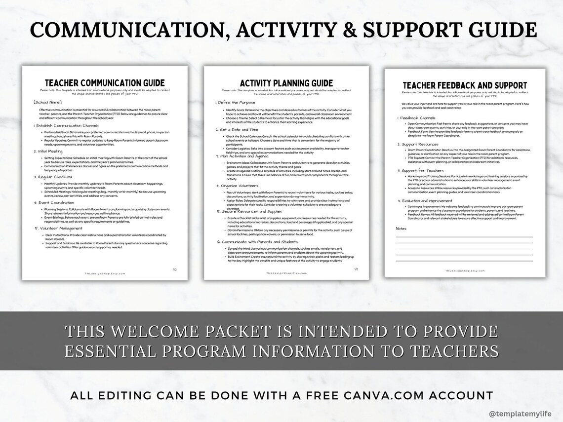 Editable PTO Room Parent Teacher Welcome Packet Template PTA Classroom ...