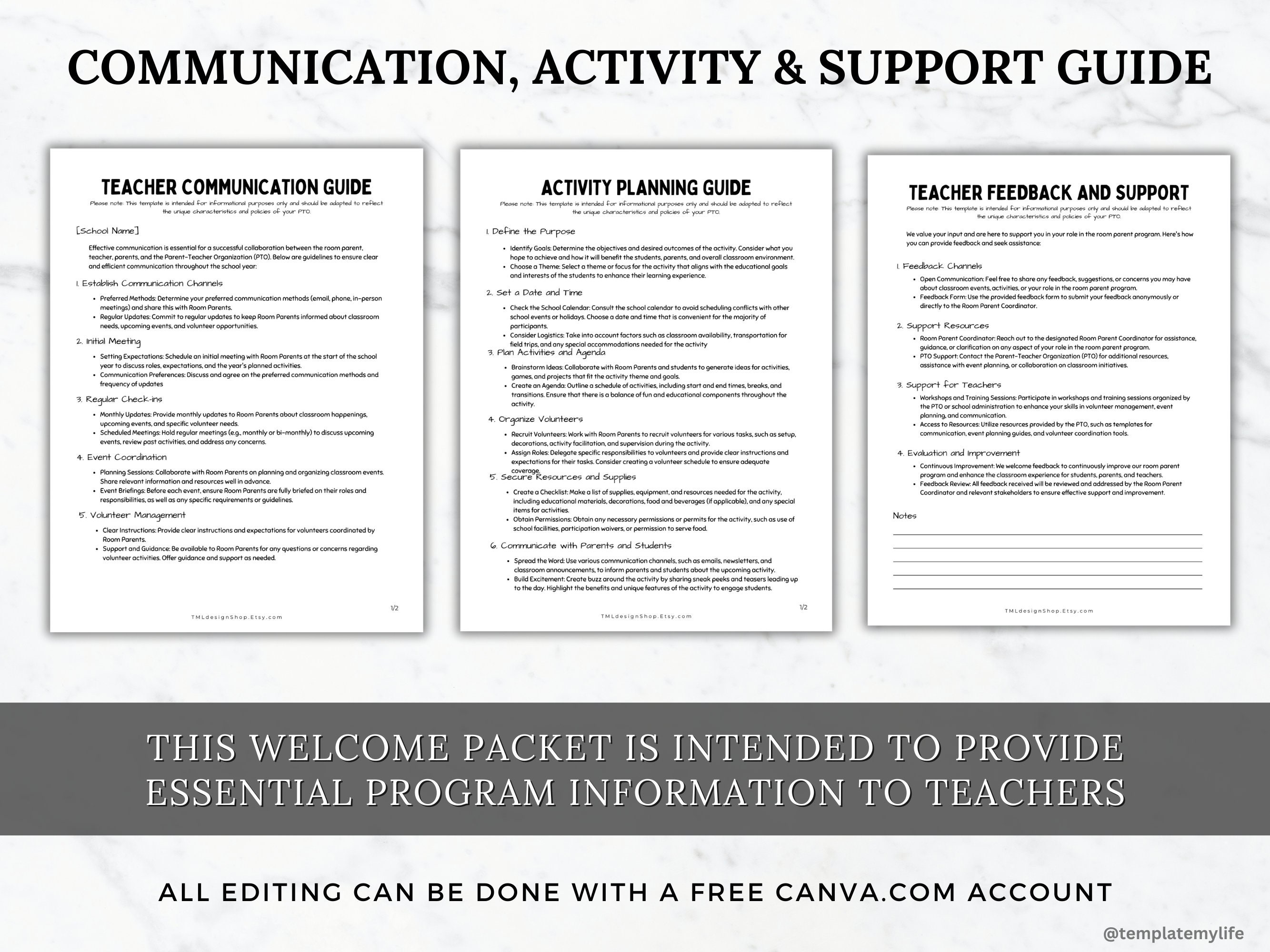 PTA PTO Room Parent Program Teacher Information Packet Template Class ...