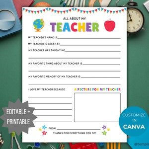 Teacher Appreciation Week Template All About My Teacher Printable ...