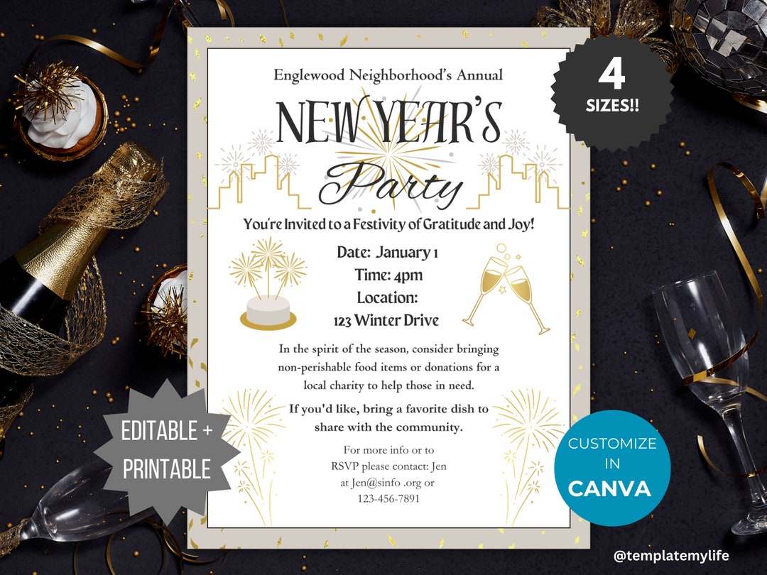 New Years Party Invite Editable New Years Eve Party Invitation Template ...