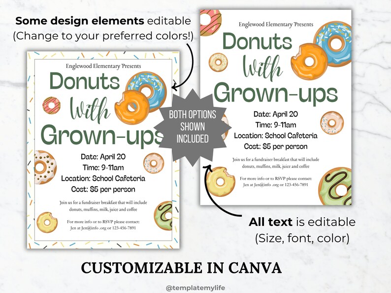 Editable Donuts With Grownups Flyer Invite Breakfast Brunch PTA Flyer ...