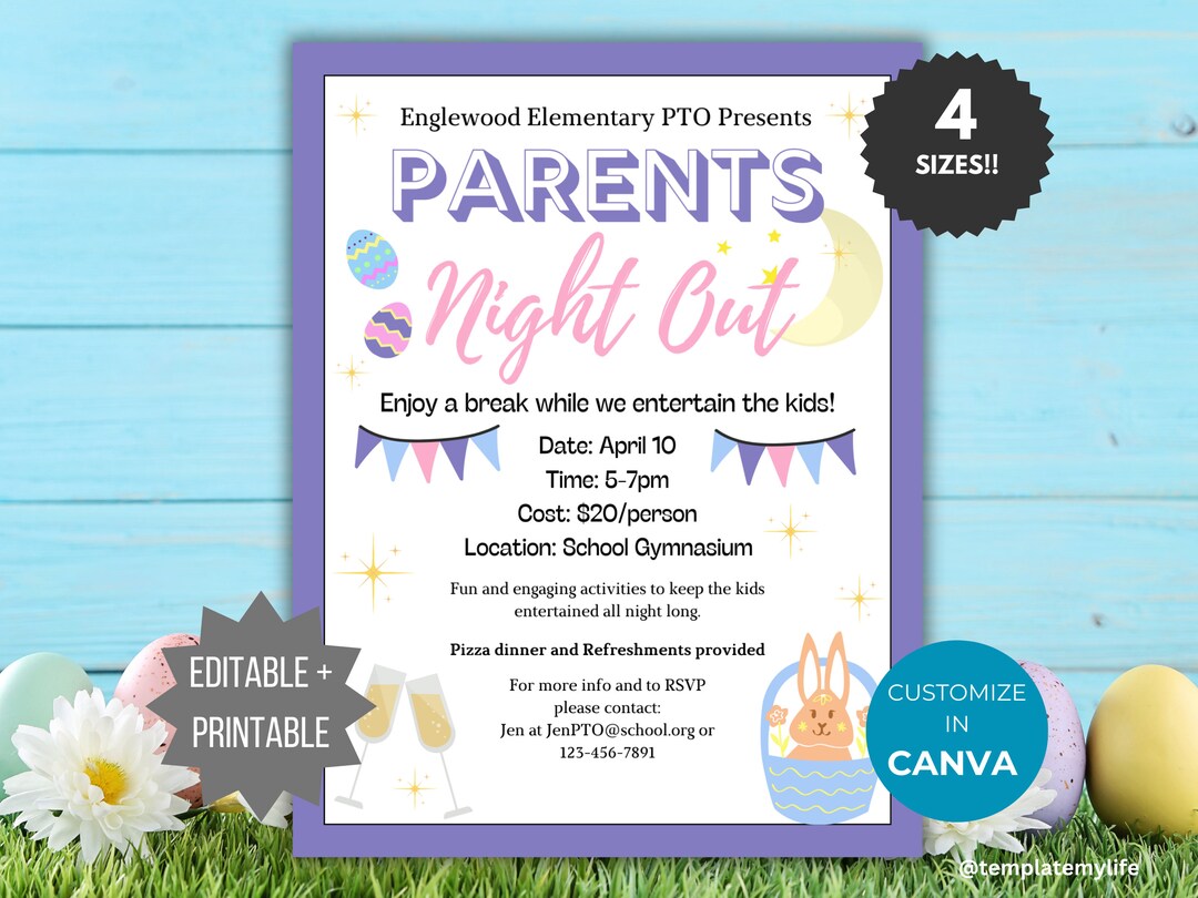 Easter Parents Night Out Flyer Template PTO School Fundraiser PTA Flyer ...