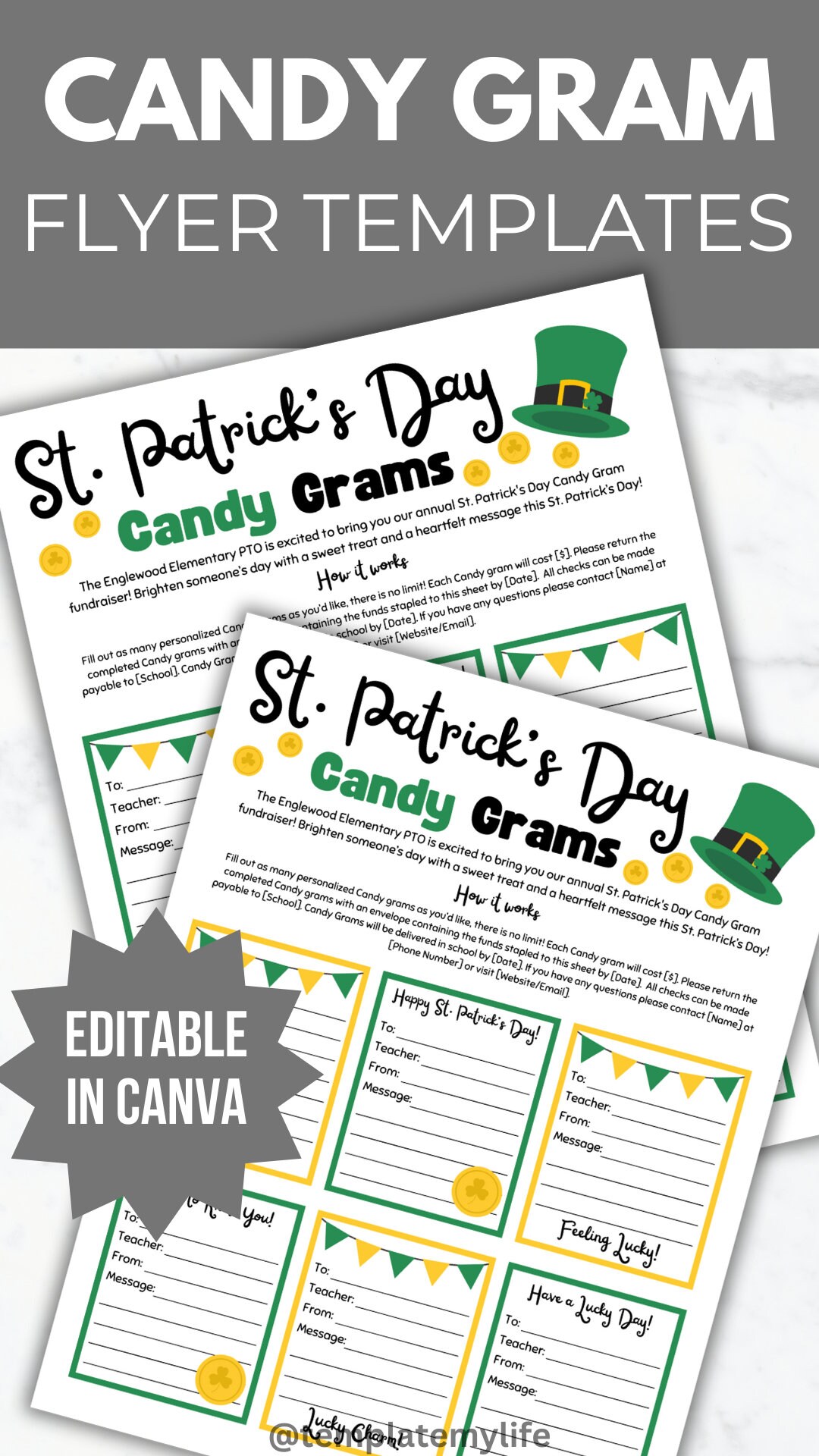 St Patricks Day Candy Gram Flyer PTO Template St Patty Day Lucky Gram ...