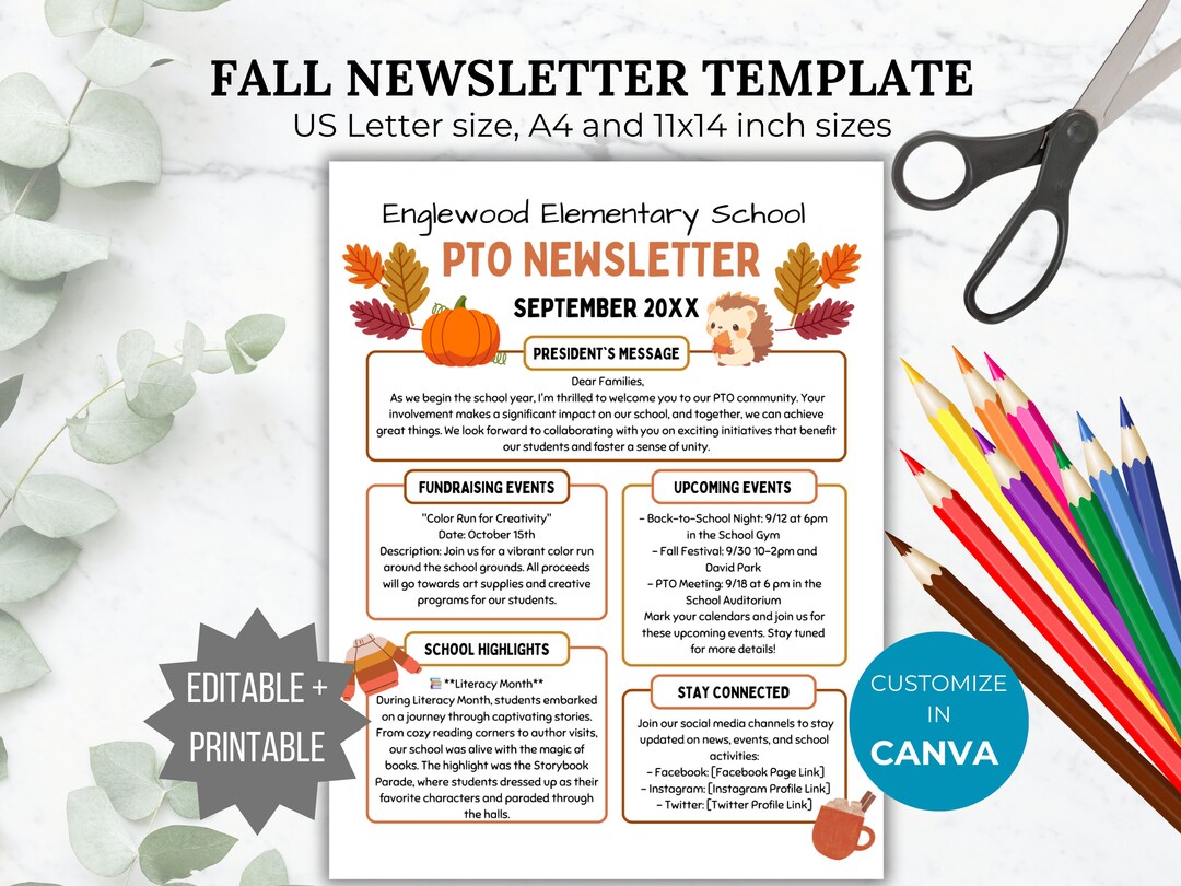 PTA Fall Newsletter Flyer Printable PTO School Newsletter Flyer ...