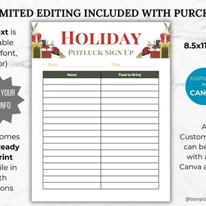 Holiday Potluck Sign up Sheet Template Dinner Party Food Signup Flyer ...